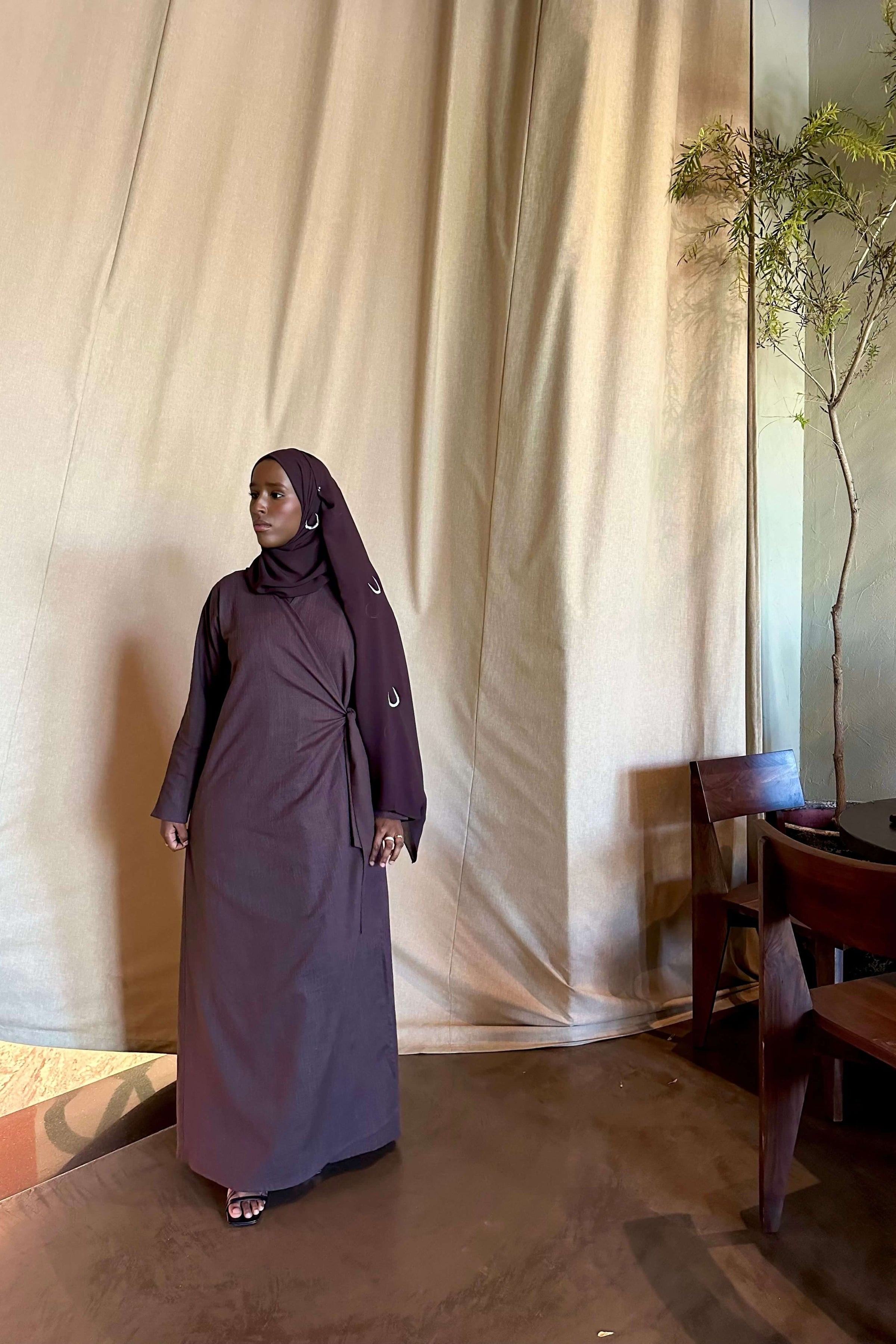 Linen Dark Chocolate Abaya with Wrap Detail and Moon Hijab