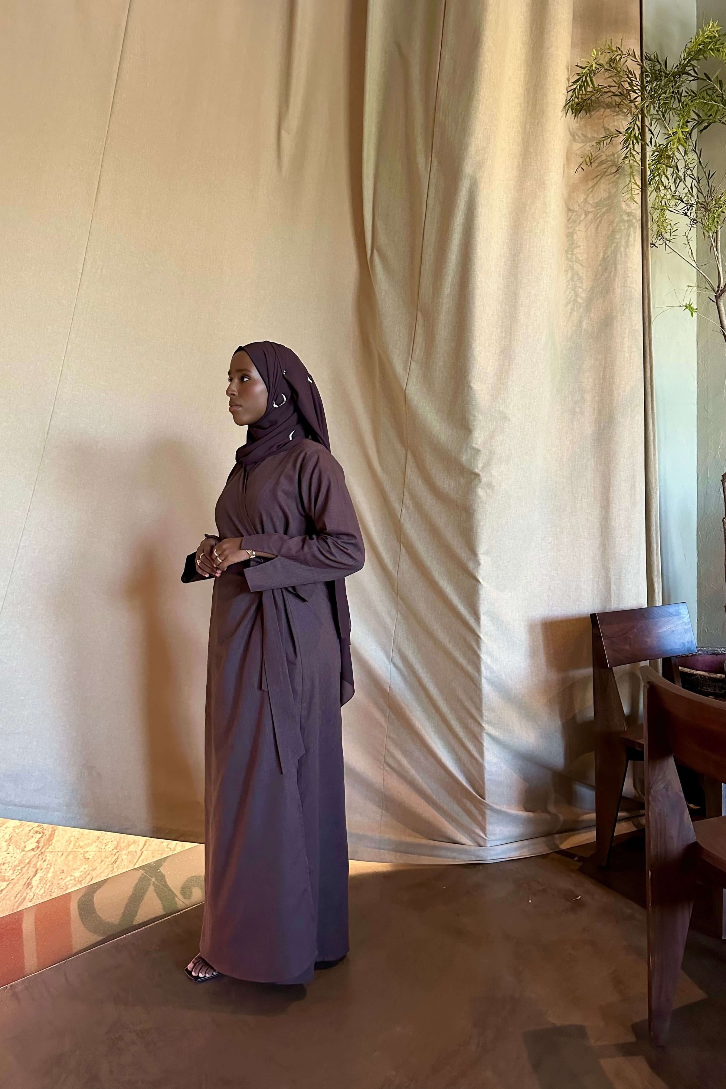Linen Dark Chocolate Abaya with Wrap Detail and Moon Hijab