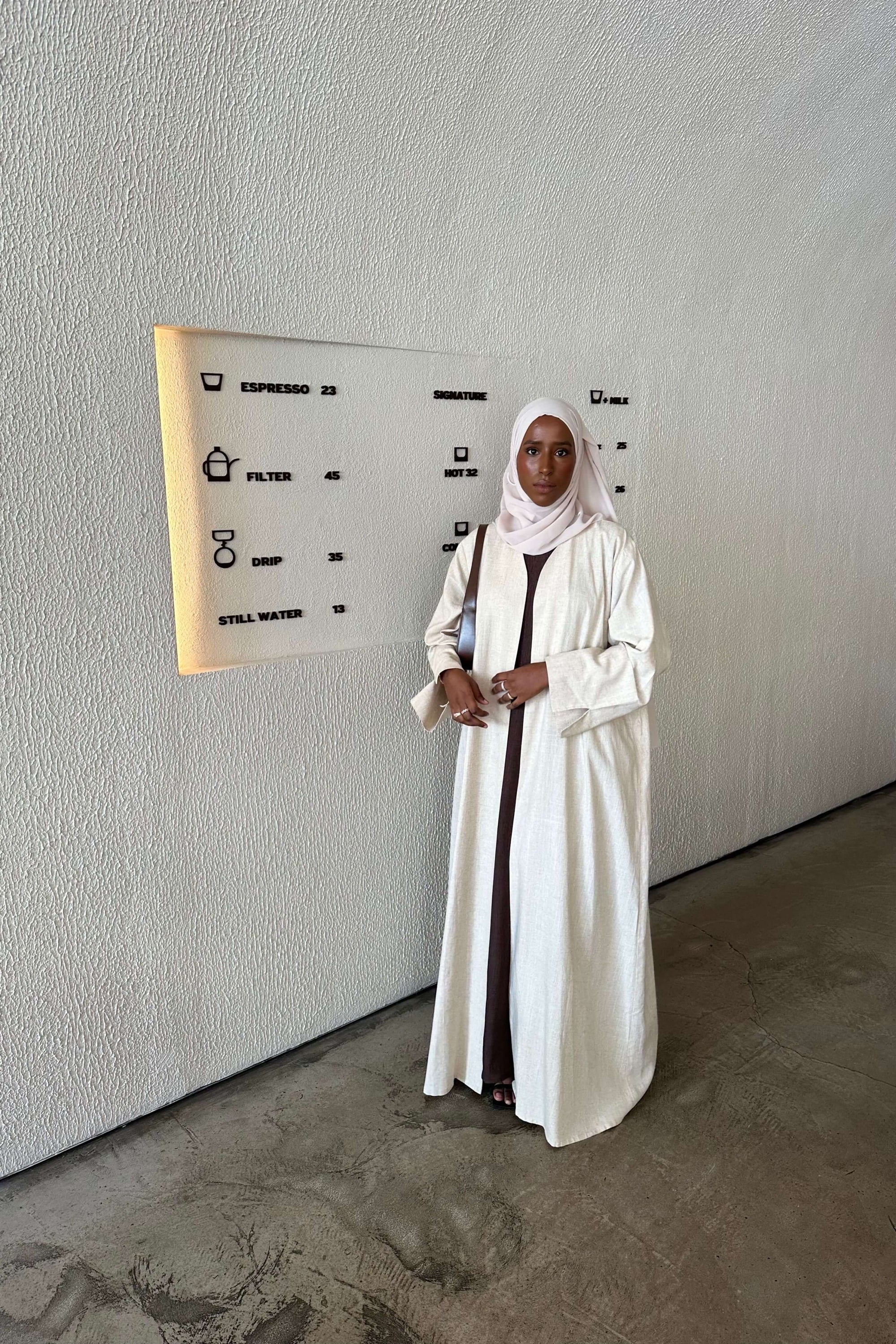 Linen Beige Open Abaya With Moon Hijab