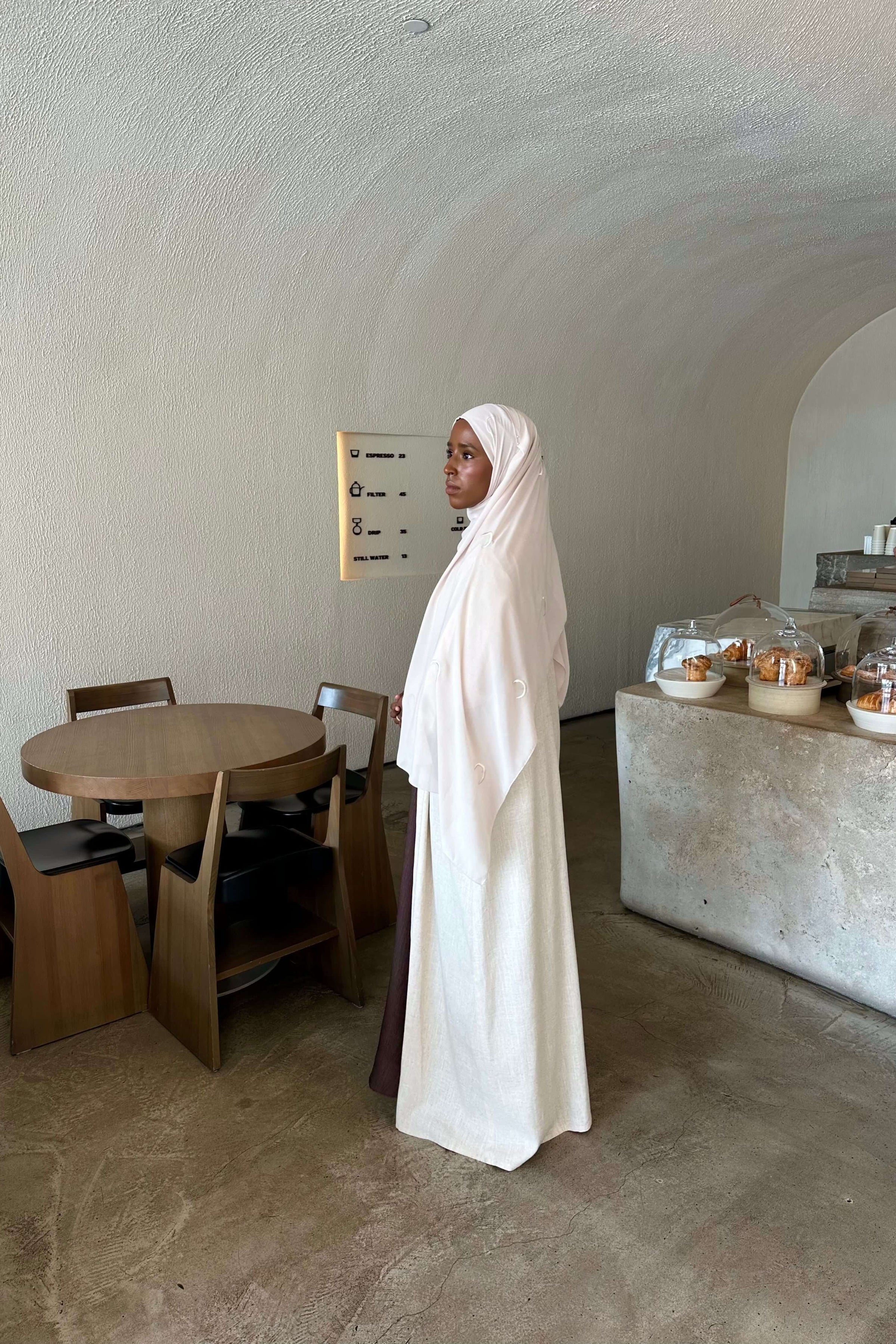 Linen Beige Open Abaya With Moon Hijab